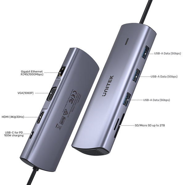 9-in-1 USB-C Hub with Dual Display,Dual Card Reader and 100W PD|UNITEK