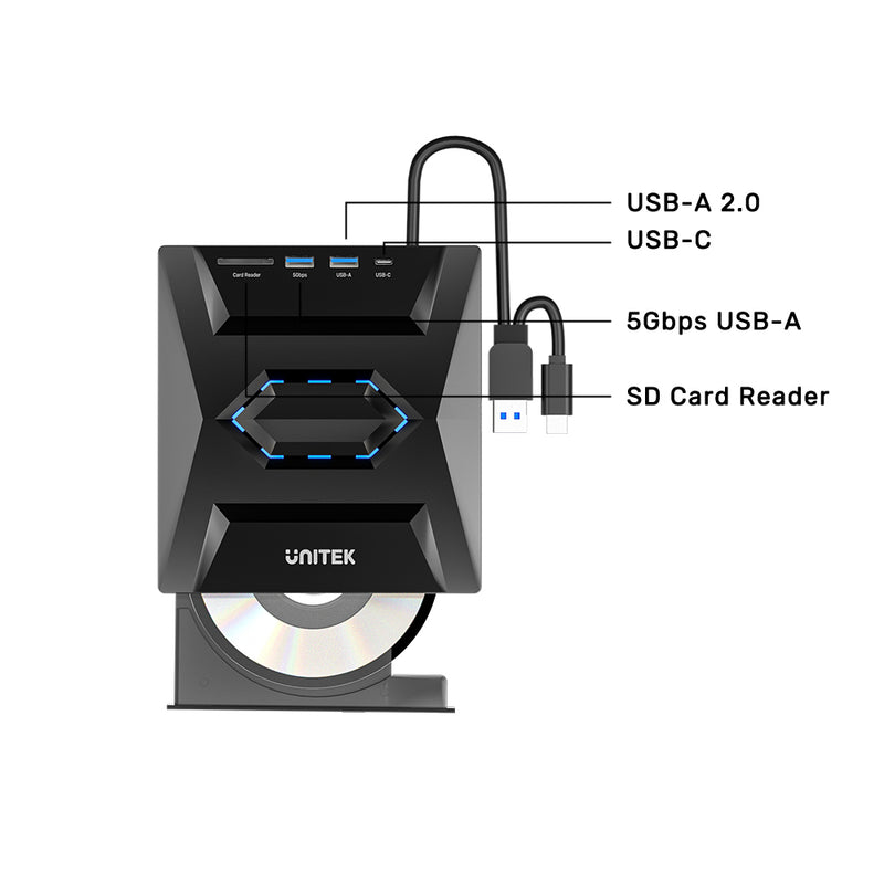 5-in-1 External Optical Drive with USB Hub