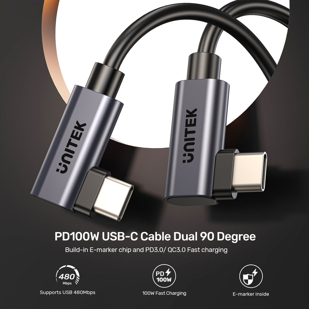 PD 100W USB-C Cable Dual 90 Degree | UNITEK