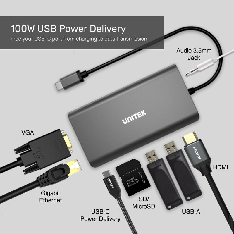 uHUB O8+ 8-in-1 USB-C Dual Display Hub, 5Gbps USB, 100W PD | UNITEK