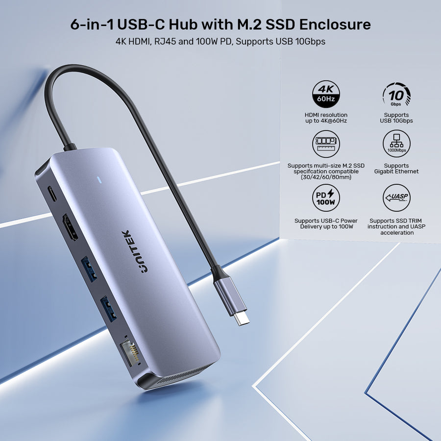 6-in-1 USB-C Hub with M.2 SSD Enclosure | UNITEK