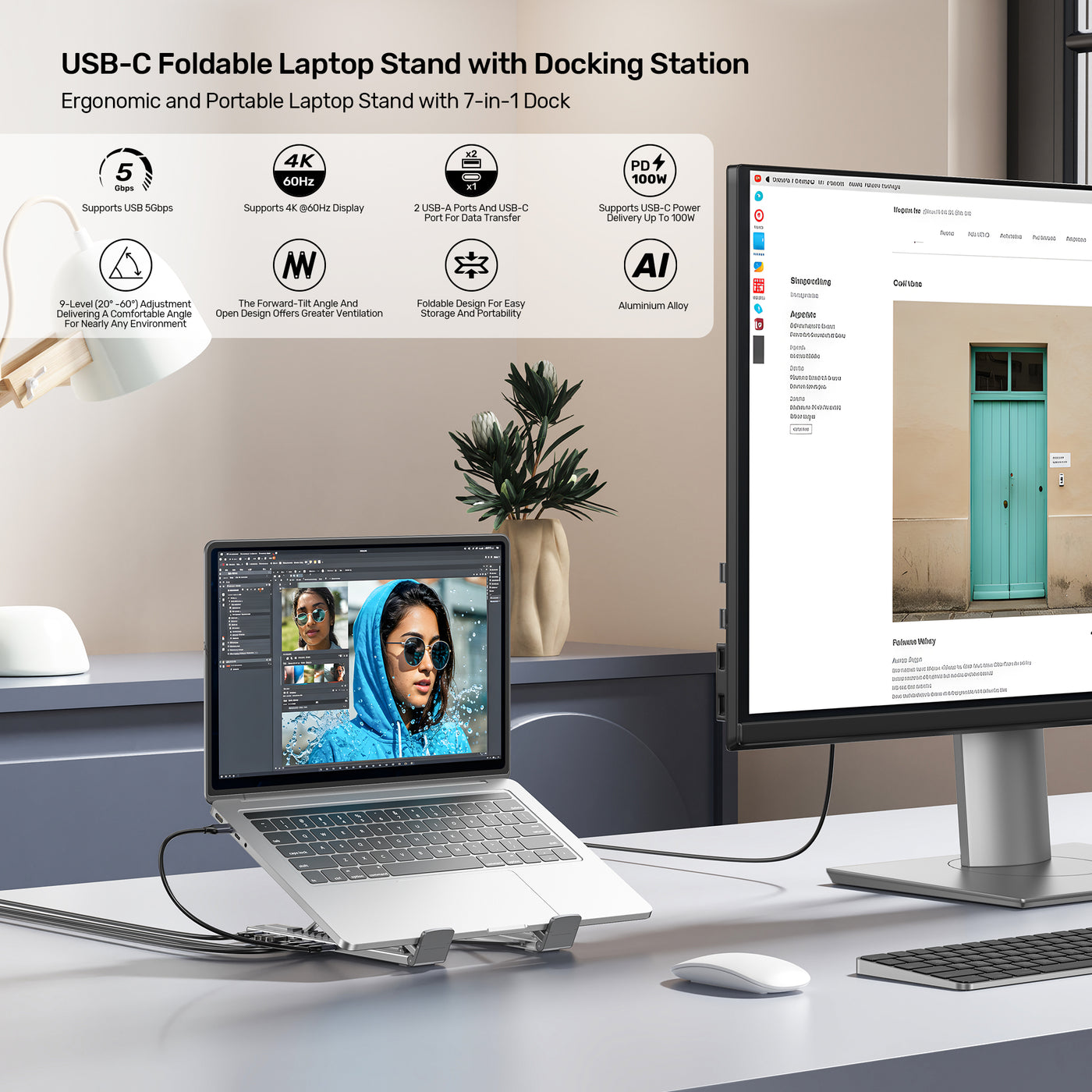 USB-C Foldable Laptop Stand with Docking Station | UNITEK