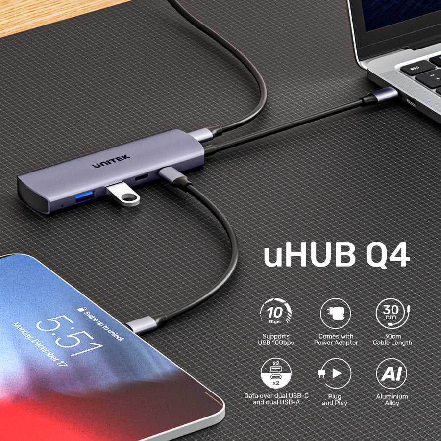 uHUB Q4 4-in-1 10Gbps USB-C Hub with 2 USB-A & 2 USB-C Ports | UNITEK