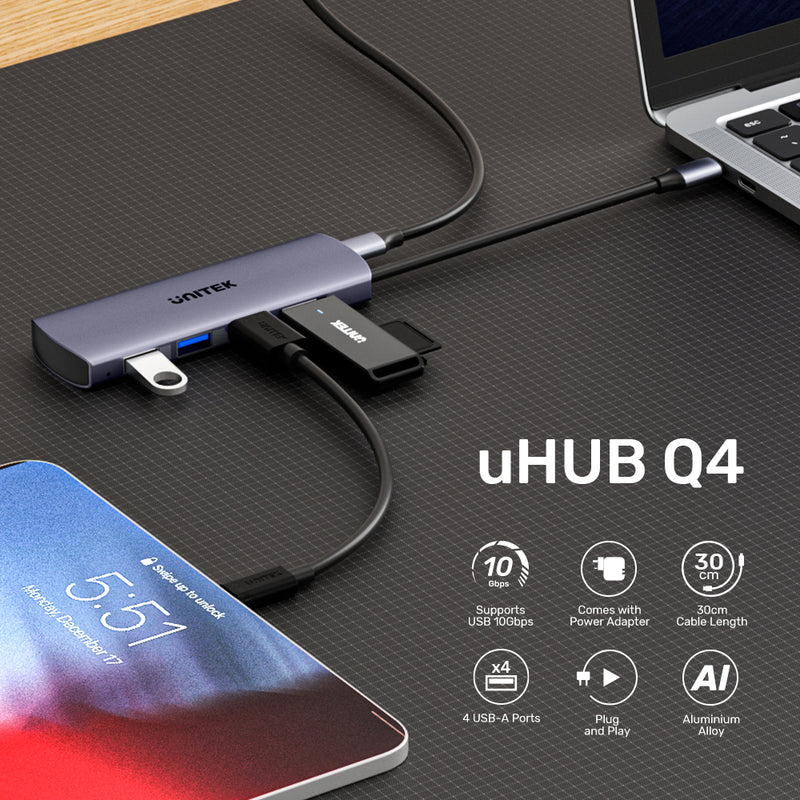 uHUB Q4 4-in-1 10Gbps USB-C Hub with 4 Ports USB-A | UNITEK
