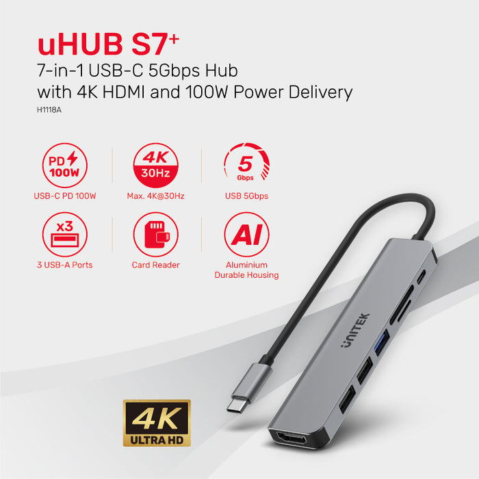 UNITEK uHUB S7+: 7-in-1 USB-C Hub w/ 4K HDMI & 100W PD | UNITEK