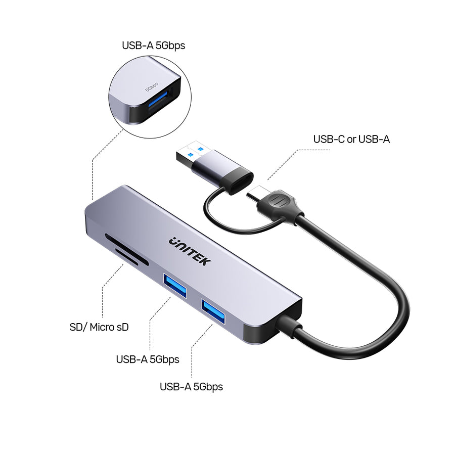 uHUB P5+ 5-in-1 USB 5Gbps Hub with SD and Micro SD Card Reader | UNITEK