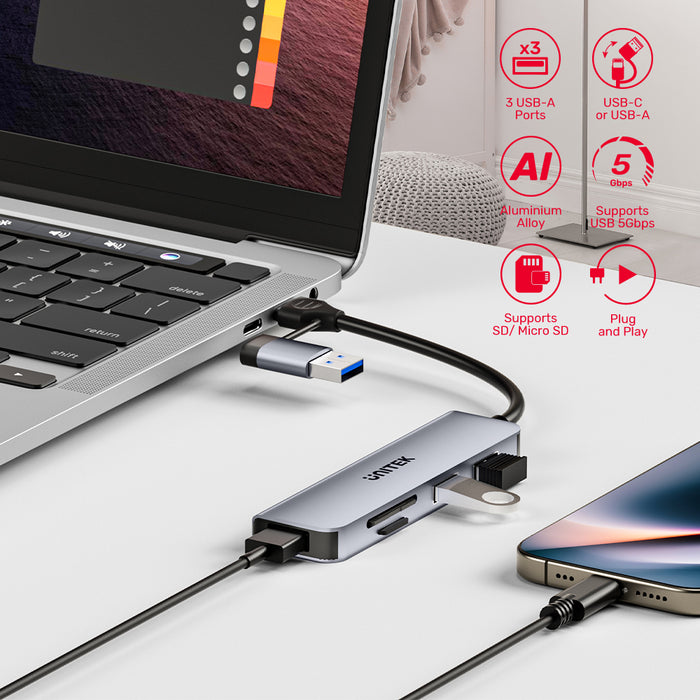 uHUB P5+ 5-in-1 USB 5Gbps Hub with SD and Micro SD Card Reader | UNITEK
