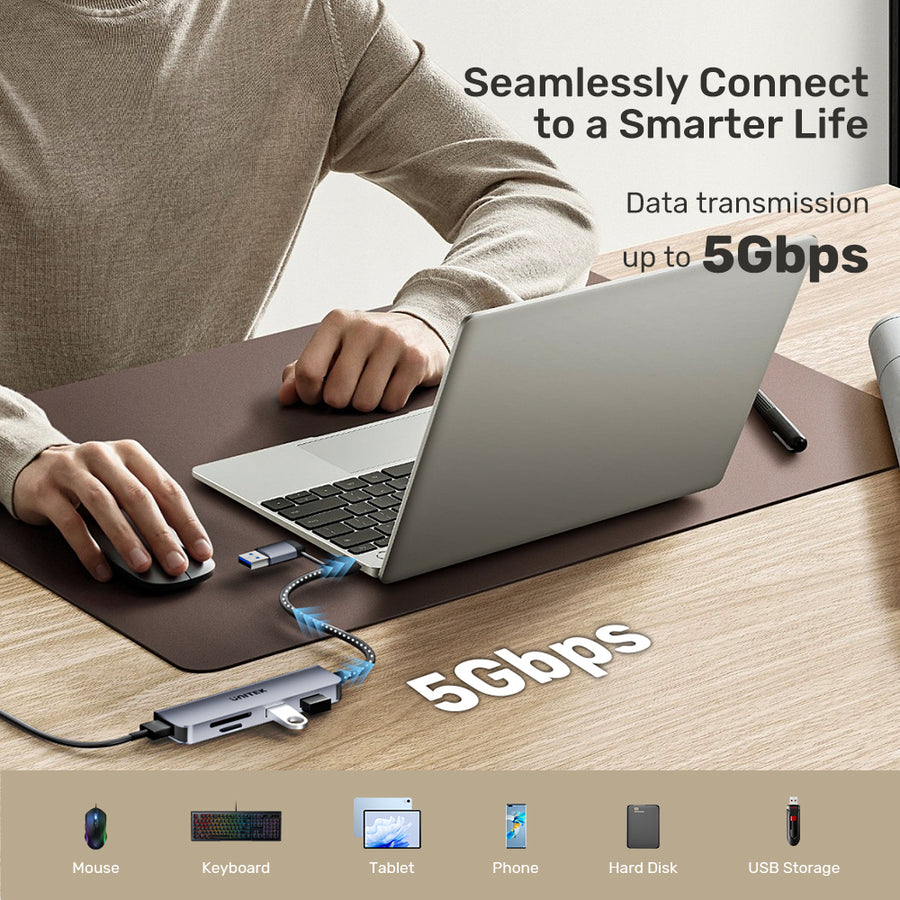 uHUB P5+ 5-in-1 USB 5Gbps Hub with SD and Micro SD Card Reader | UNITEK