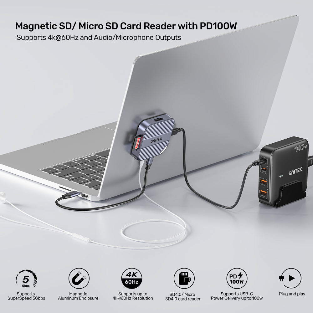 Magnetic SD/ Micro SD Card Reader with PD100W | UNITEK
