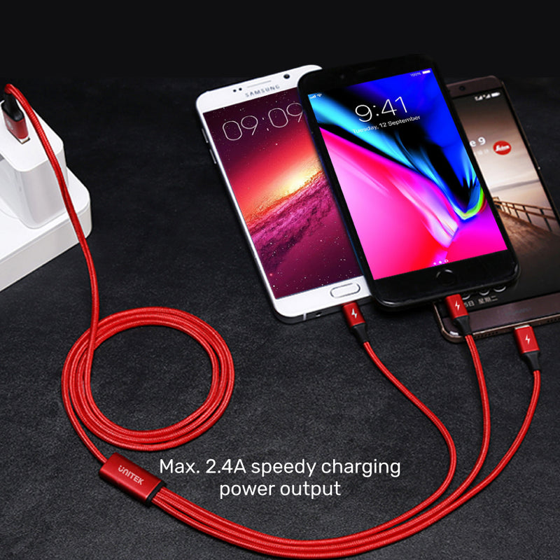 3-in-1 USB-A to USB-C/Micro USB/Lightning Charging Cable (Red)| UNITEK