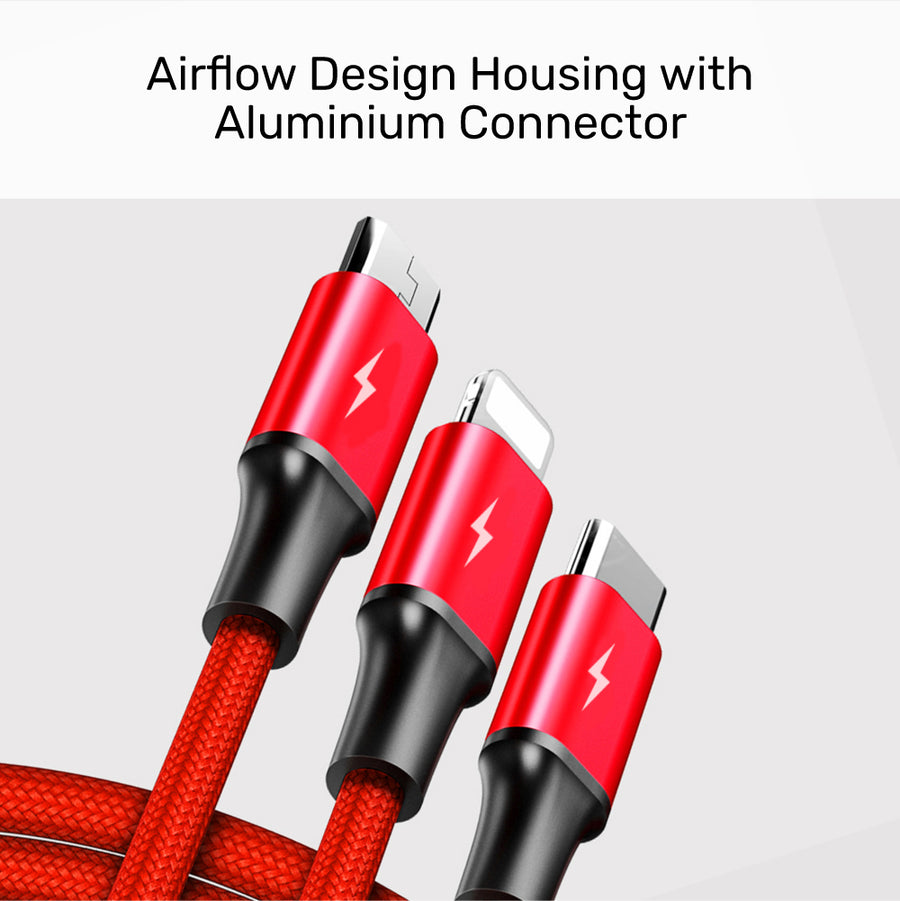 3-in-1 USB-A to USB-C/Micro USB/Lightning Charging Cable (Red)| UNITEK