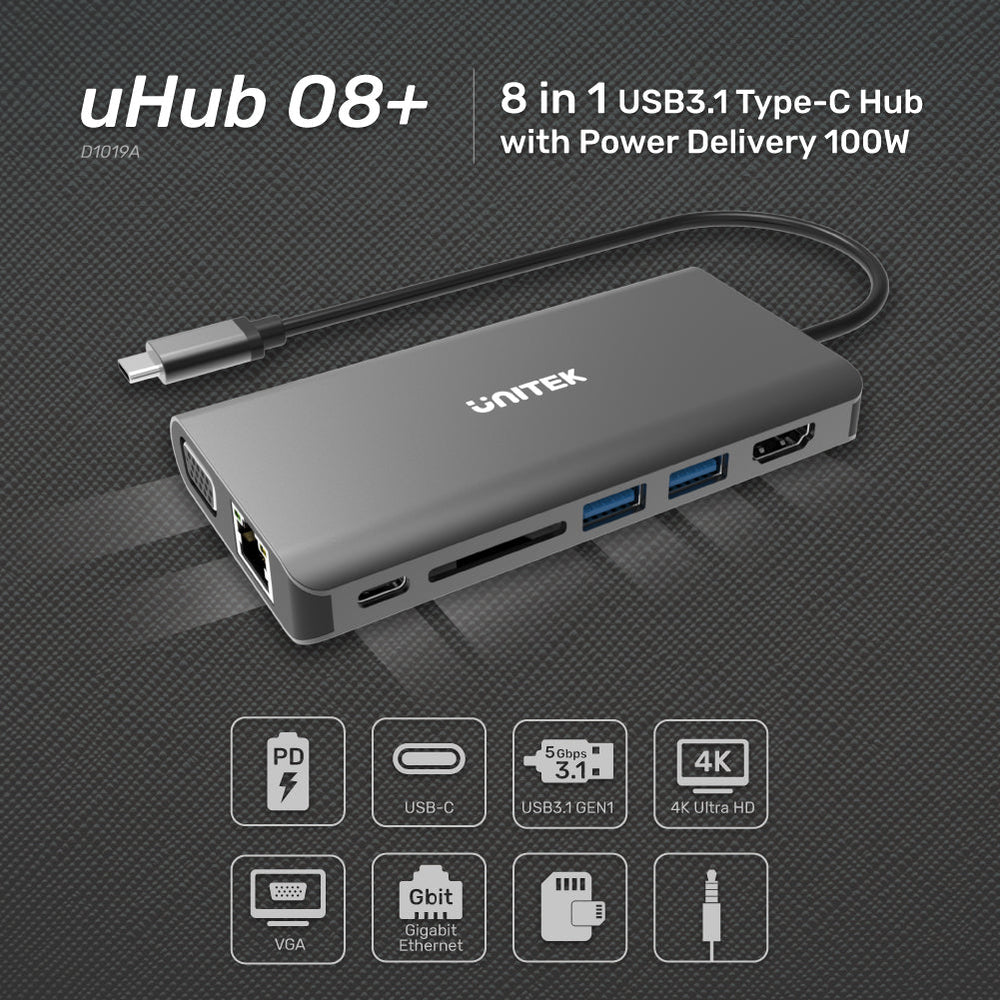 uHUB O8+ 8-in-1 USB-C Dual Display Hub, 5Gbps USB, 100W PD | UNITEK