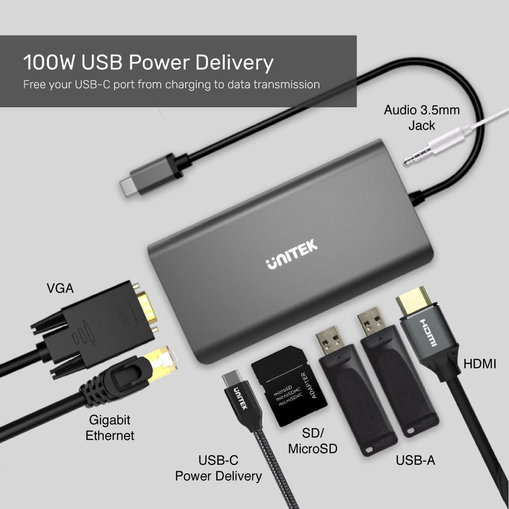 uHUB O8+ 8-in-1 USB-C Dual Display Hub, 5Gbps USB, 100W PD | UNITEK