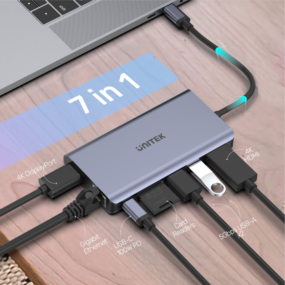 uHUB S7+7-in-1 USB-C Hub: MST Dual Monitor, 100W PD, Ethernet | UNITEK